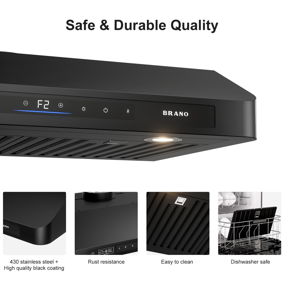 BRANO 36 In. 900 Cfm Ducted Under Cabinet Range Hood In Black Stainless Steel With Led Lights ...